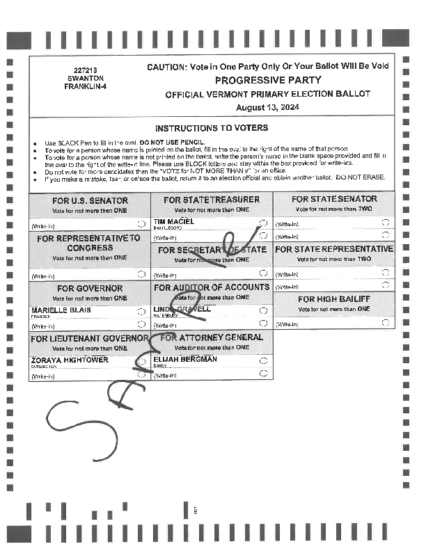 Vermont Primary Election Ballots-August 13, 2024 *Sample* - Swanton ... Vermont Primary Election Ballots-August 13, 2024 *Sample* - Swanton ...